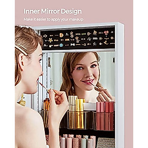 SONGMICS Mirror Jewelry Cabinet Armoire Organizer, Wall or Door Mount Storage Cabinet with Full-Length Frameless Lighted Mirror, Built-in Makeup Mirror, 2 Drawers, Lockable, White UJJC013W01