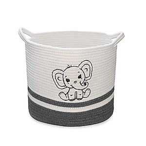 Rope Basket with Baby Elephant, Toy Storage, Nursery Storage, Blanket Storage, 14”x11”x12, White, Grey