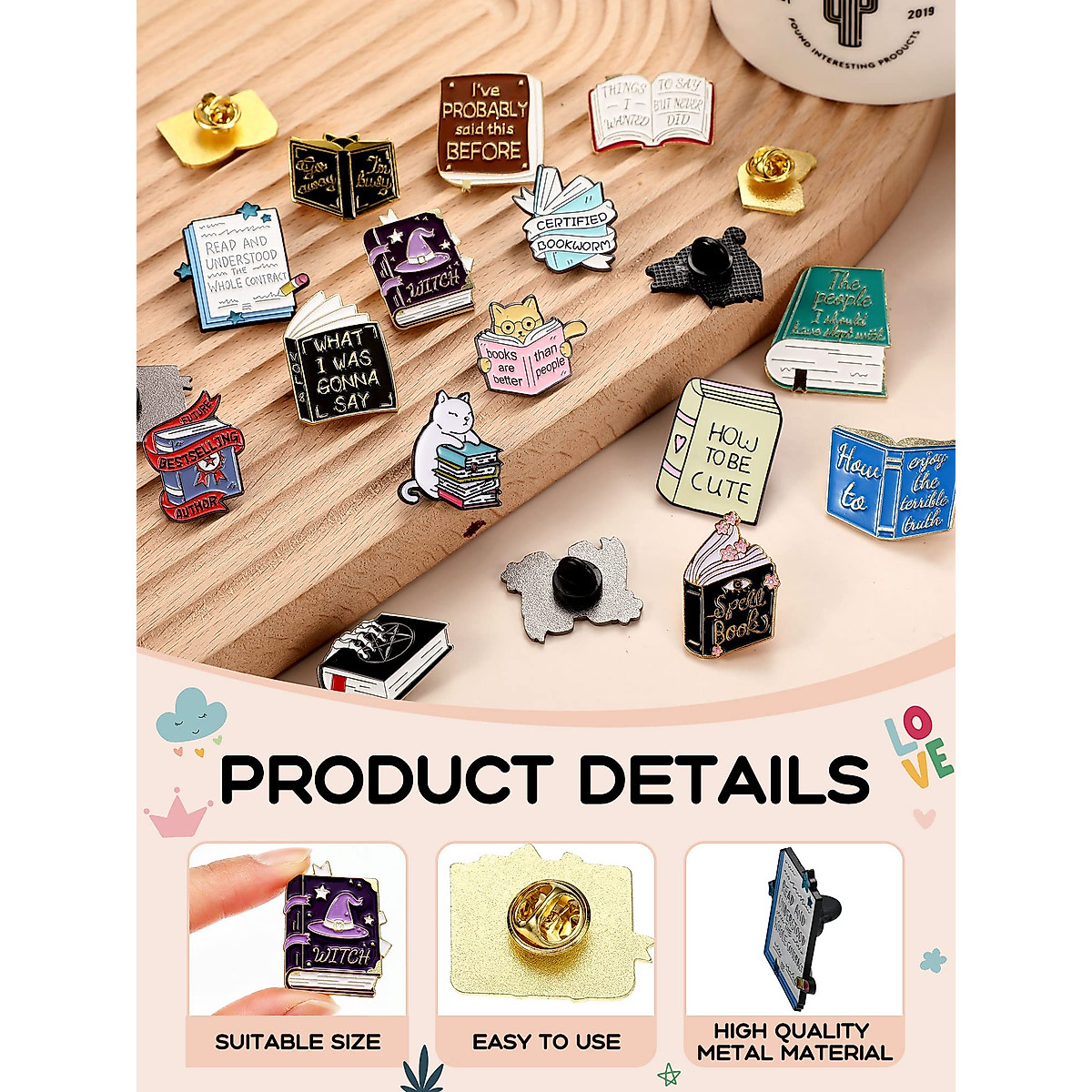 Kajaia 20 Pcs Book Pins Book Lover Gifts Cat Cartoon Cute Brooch Bookish Pin Halloween Christmas Gifts Decorative Lapel Pin Aesthetic Pin for Women Backpack Clothing Bag Jackets