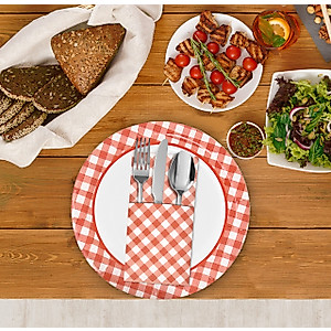 36 Picnic Barbecue Cutlery Holders Red and White Gingham Utensil Silverware Paper Pouch Pockets for Checkered Summer BBQ Table Place Settings Tableware Party Supplies Decorations for Knife Fork Spoon