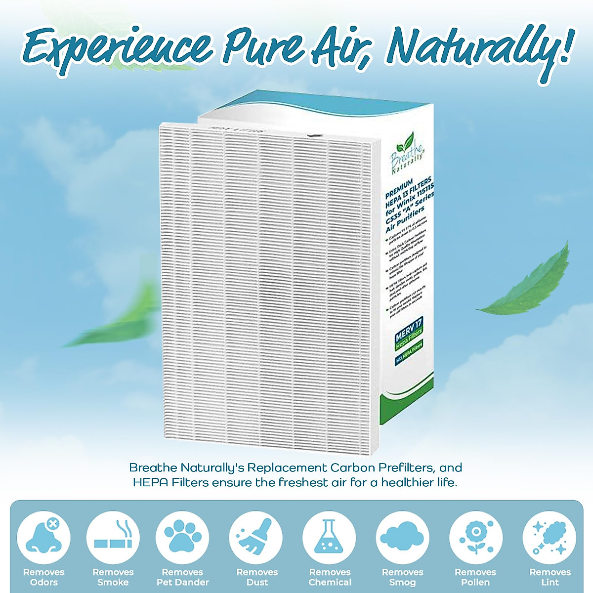 Breathe Naturally Replacement Filters Compatible with Winix C535, Plasmawave 5300, 6300 and Aeramax 300/290 Air Purifiers - True HEPA Filters for Home Purifiers - 12.6" x 16.3" x 1.25" (1 HEPA Filter)