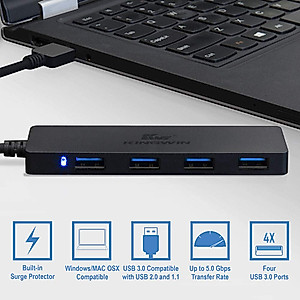Kingwin USB Hub 4 Port USB 3.0 Data Hub for Mobile SSD, MacBook, Mac Pro/ Mini, iMac, Chromebook, Surface Pro, USB Flash Drives, Notebook PC, XPS, and More [Ultra Slim]