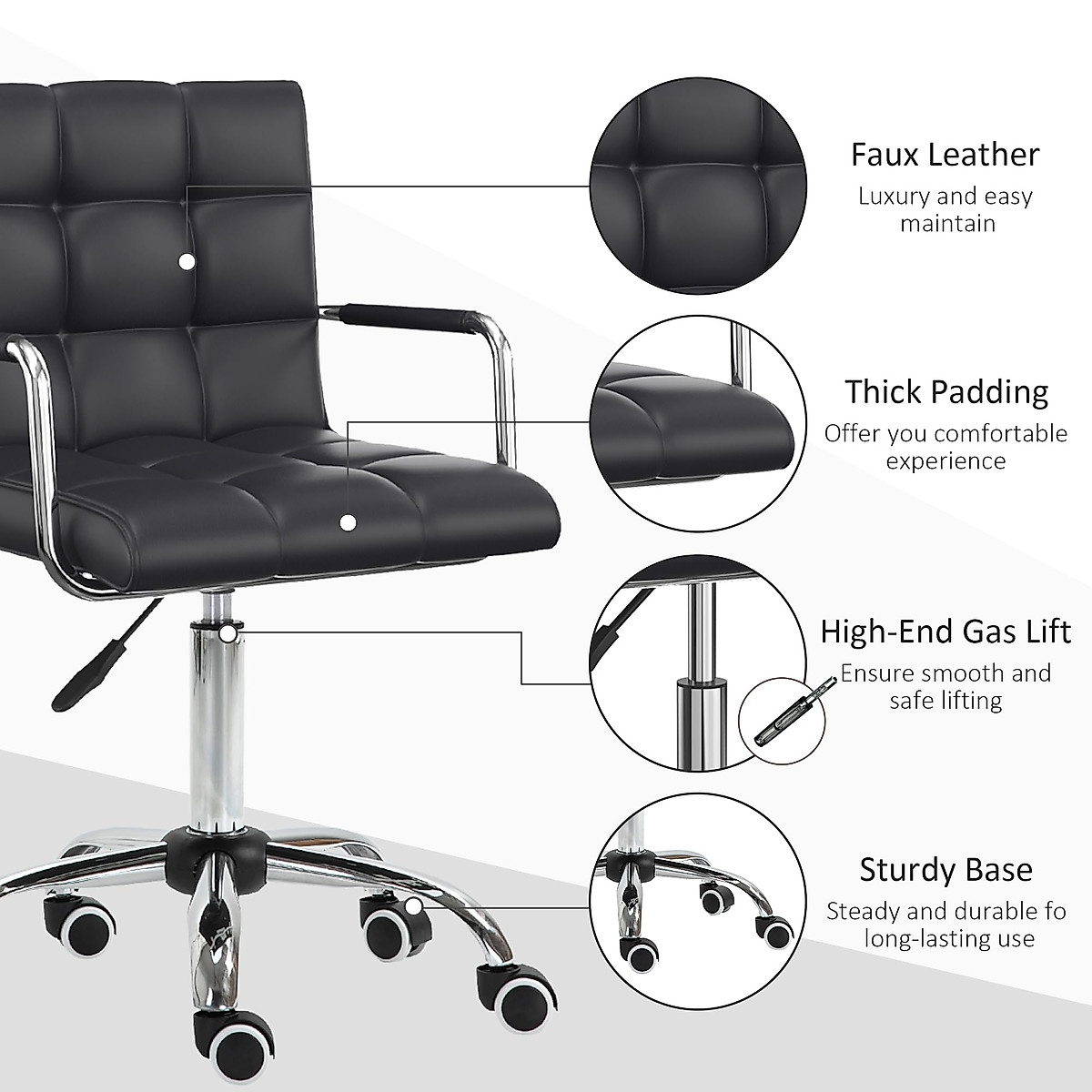 HOMCOM Home Office Chair, Modern Computer Desk Chair, Task Chair with Upholstered PU Leather, Adjustable Height, Swivel Wheels, Black