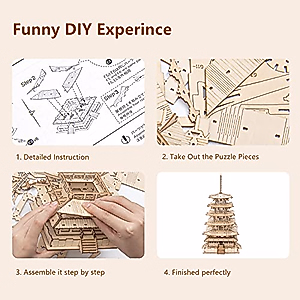 ROBOTIME 3D Puzzle Wooden Craft Kits for Adults DIY Model Building Kit Best Gift for Kids (Five-Storied Pagoda)