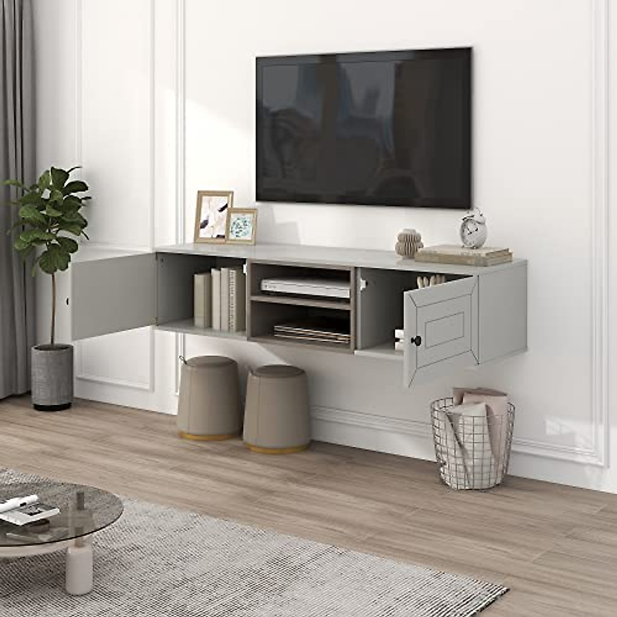 HAUSHECK Modern Floating Stand for 65 Inch TVs with 2 Large Storage, 3 Levels Adjustable Shelves, Cable Management & Magnetic Cabinet Door, Wall Mounted Entertainment Center Media Console, Beige