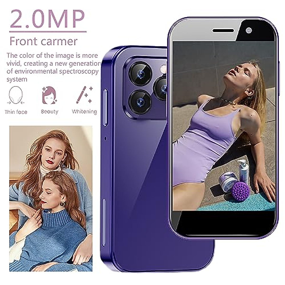 Hipipooo XS14Pro Mini 3G Smartphone 3.0 Inch Quad Core Dual Sim 2GB RAM 16GB ROM Sim 2600mAh Unlocked Card Android Small Mobile Phone Student Pocket Cellphone (Purple)