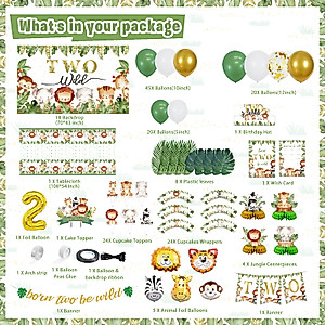 Two wild Birthday Decorations for Boys Girls, 159 Pcs Jungle Safari Theme Party Supplies for Baby - Two wild Backdrop, Cake, Cupcake Toppers, Cupcakes Wrappers, Balloons, Tablecloth, Palm Leaves,