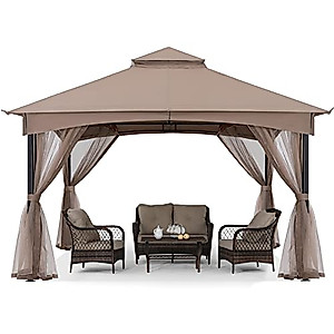 MASTERCANOPY Tool Free Patio Gazebo Screw Free Easy Installation Outdoor Garden Gazebo with Netting Walls (11x11,Khaki)