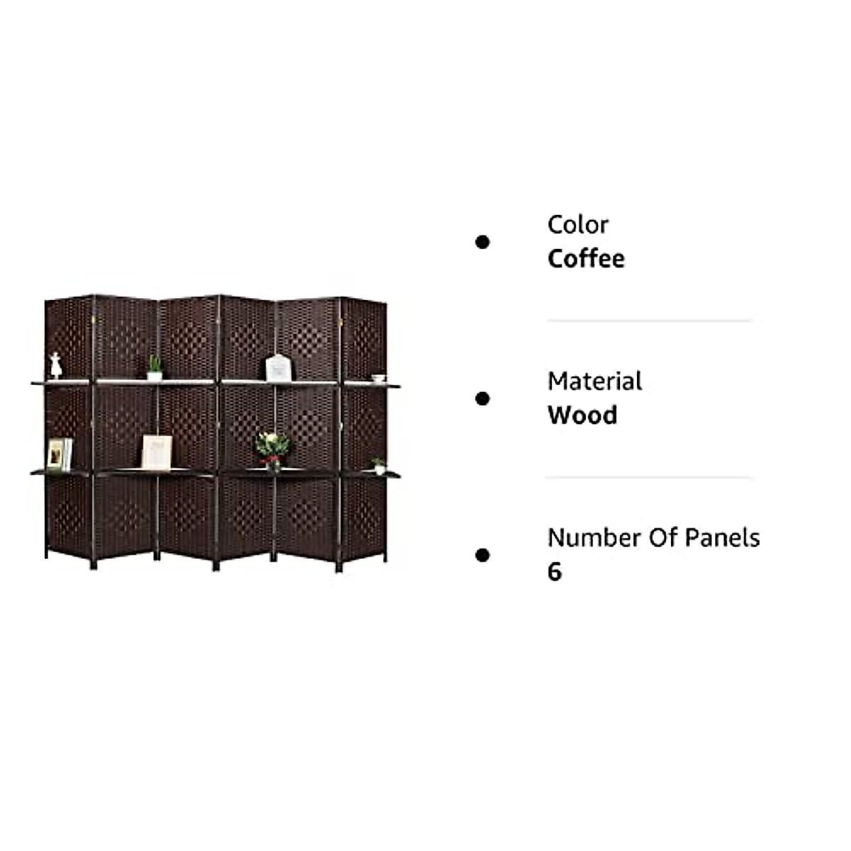 Maxhonor 6 Panels Room Divider, 6 FT Tall&Extra Wide Weave Fiber Room Divider with 2 Shelved, Double Hinged,Folding Privacy Screens, Freestanding Room Dividers (Coffee)