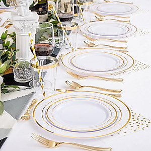 Ciaell 250PCS White and Gold Plastic Plates - Gold Disposable Plastic Plates Sets include 50Plates, 25Knives, 25Forks, 25Spoons, 25Mini Fork, 25 Cups, 25Paper Straws, 50Napkins for Thanksgiving, Party