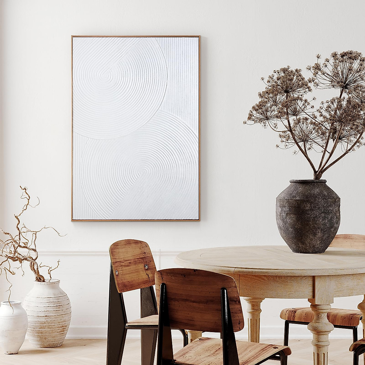 Zessonic Framed Abstract Wall Art for Living-room - Large White Geometric Line Spiral Abstract Hand-painting Artwork Minimalism Contemporary Nordic Boho Decorative for Living Room, Bedroom - 28"x 40"