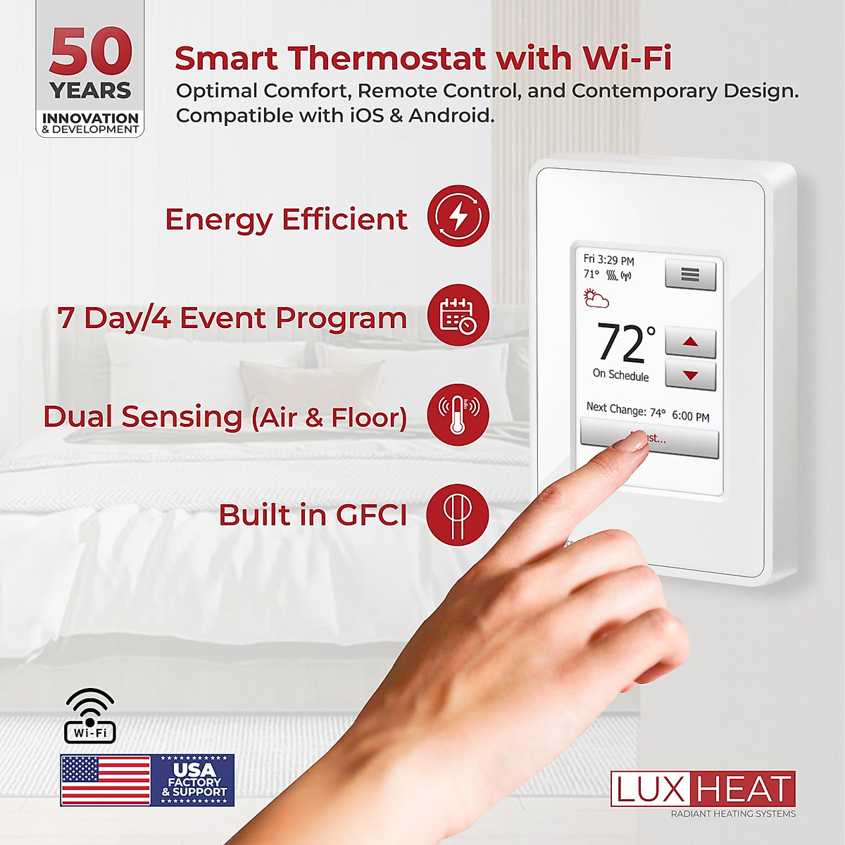 LuxHeat 150 Sqft Mat Kit (120v) Electric Radiant Floor heating System for Under Tile & Laminate. Underfloor Heating Kit Includes Heat Mat, Alarm & OJ Microline WiFi Programmable Thermostat with GFCI