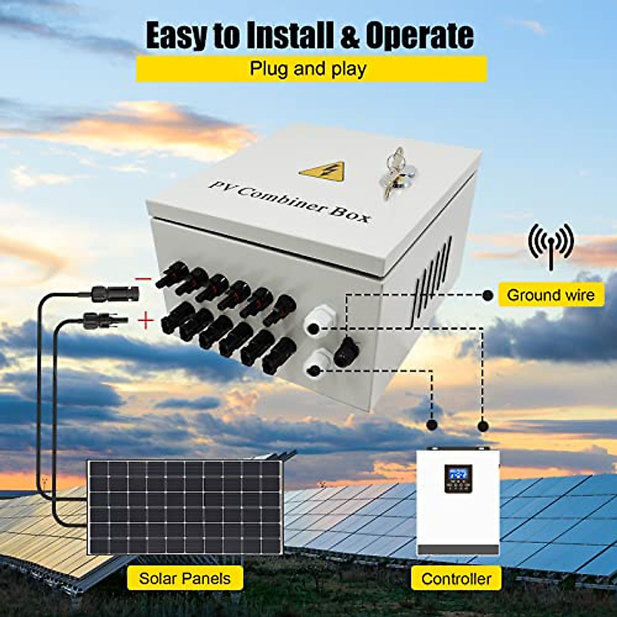 GTYORUS PV Combiner Box - 6 String Solar Combiner Box with Lightning Arrester, 10A Rated Current Fuse with Led Light, 63A Circuit Breaker, for On/Off Grid Solar Panel System