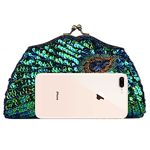 BAGLAMOR Women Full Shining Sequins Handbag Beaded Peacock Embroidery Clutch Purse Evening Bag