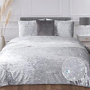 YINFUNG Velvet Duvet Cover Silver Queen Luxury Grey Crushed Velvet Boho Crinkle Light Grey Sequin Glossy Sparkle Glitter Vibrant Textured 90×90 Winter Bedding Set