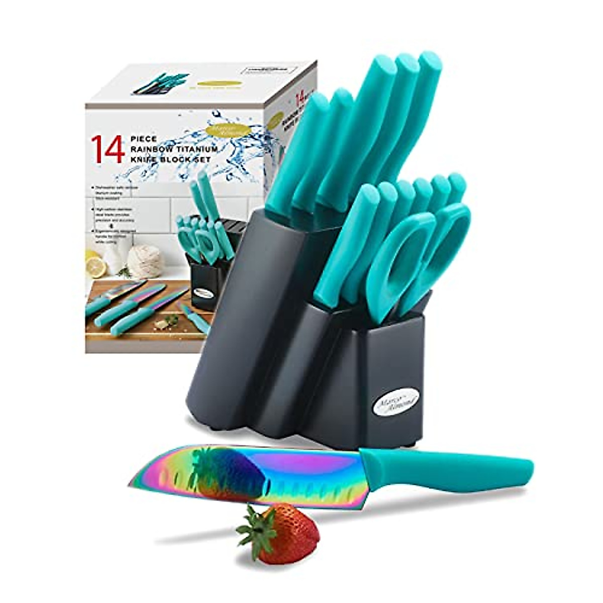 DISHWASHER SAFE Knife Set, Marco Almond®14PC Rainbow Titanium Kitchen Knife Set, KYA27 Knives sets for Kitchen with Block, Teal