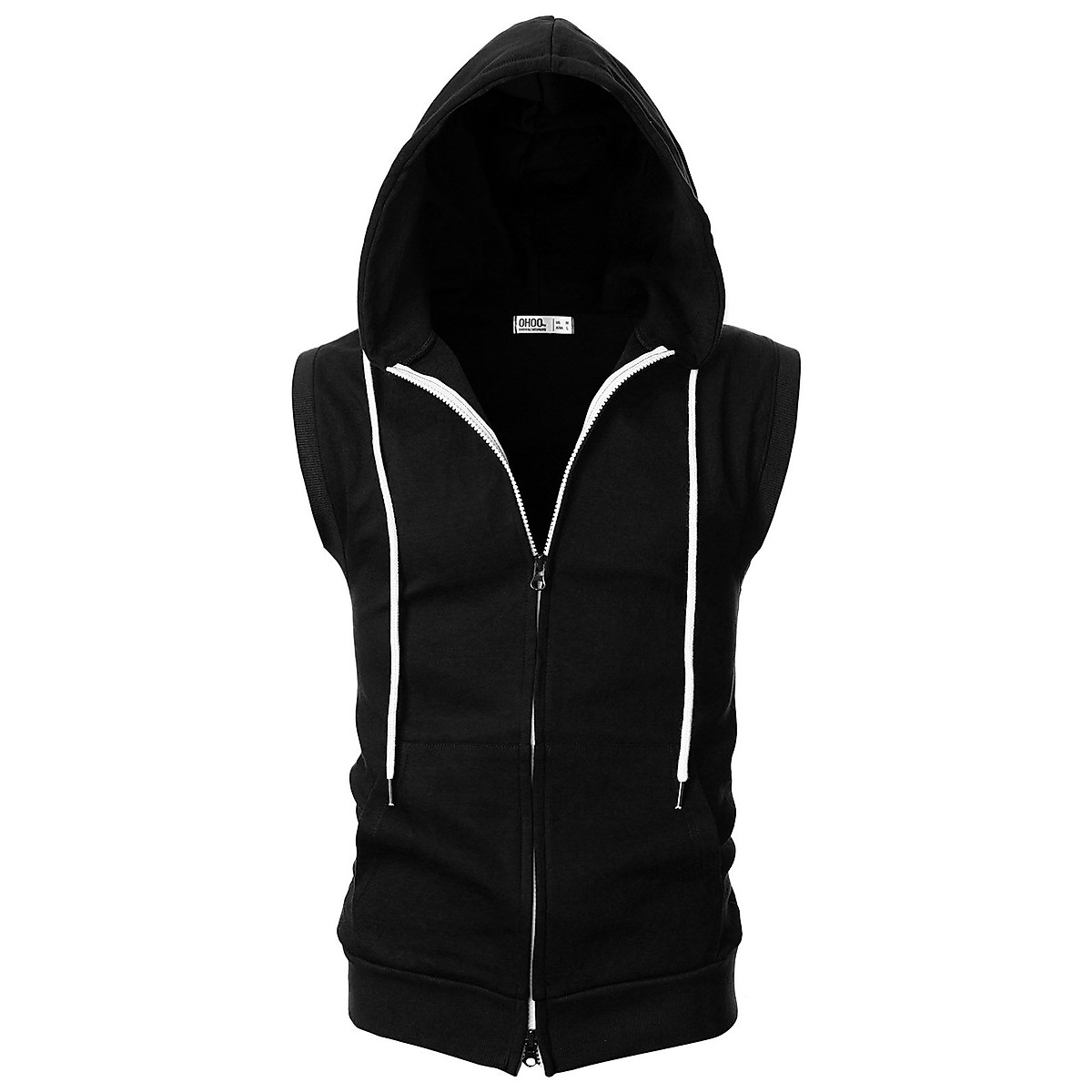 Ohoo Mens Slim Fit Sleeveless Lightweight Zip-up Hooded Vest 2 Way Zipper Hoodie Sweatshirt / DCF011-BLACK-L
