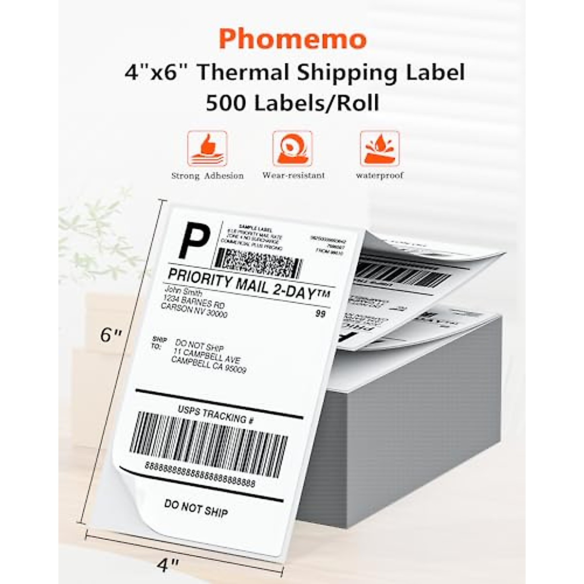 Phomemo 4x6 Thermal Direct Shipping Label, 4''x 6'' Fan-Fold Labels, Compatible with Rollo, MUNBYN, Zebra, Fargo Label Printer, 1 Pack of 500 Labels