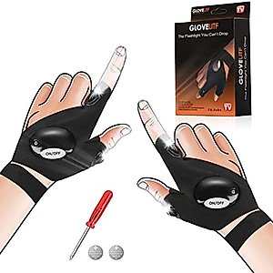 QEZEZA LED Flashlight Gloves, Gift for Man, Lighted Gloves for Men, Stretchy LED Fingerless Gloves, 1 Pair of Gloves and Replacement Battery, Screwdriver, Stocking Stuffers for Adults
