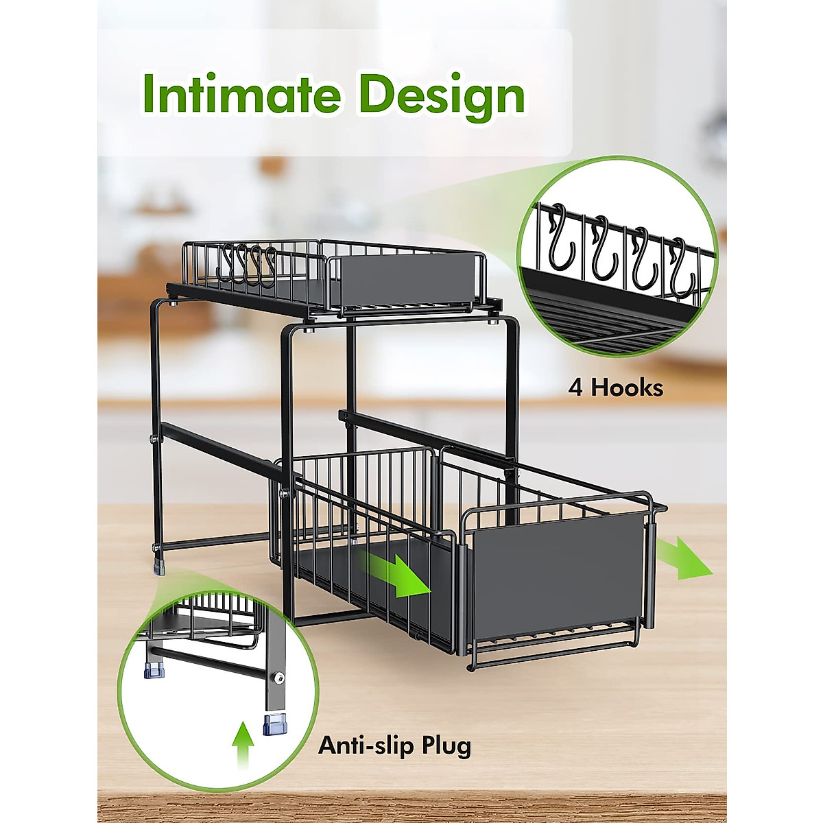 Docusvect Under Sink Organizer, 2-Tier Metal Under Cabinet Sliding Storage, Under Kitchen Sink Organizer, Under Sink Organizers and Storage with Hooks, Organizer for Bathroom Kitchen (Steel-1Pack)