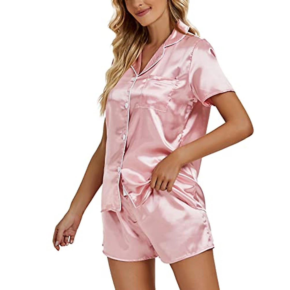 Vrtige Women's Satin Pajamas Set Short Sleeve Button Down Shirt With Shorts PJs Set Loungewear Baby Pink Medium