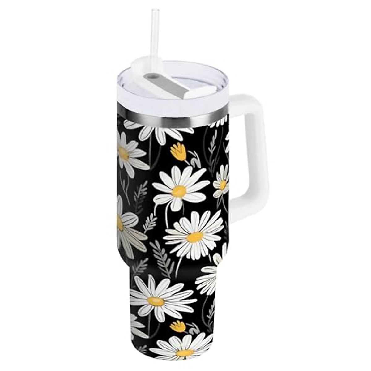 Jihqo Black Daisy 40 oz Stainless Steel Vacuum Insulated Tumbler with Handle and Straw Lid, Leakproof Water Bottle Double Wall Travel Mug Coffee Cup, Cupholder Friendly