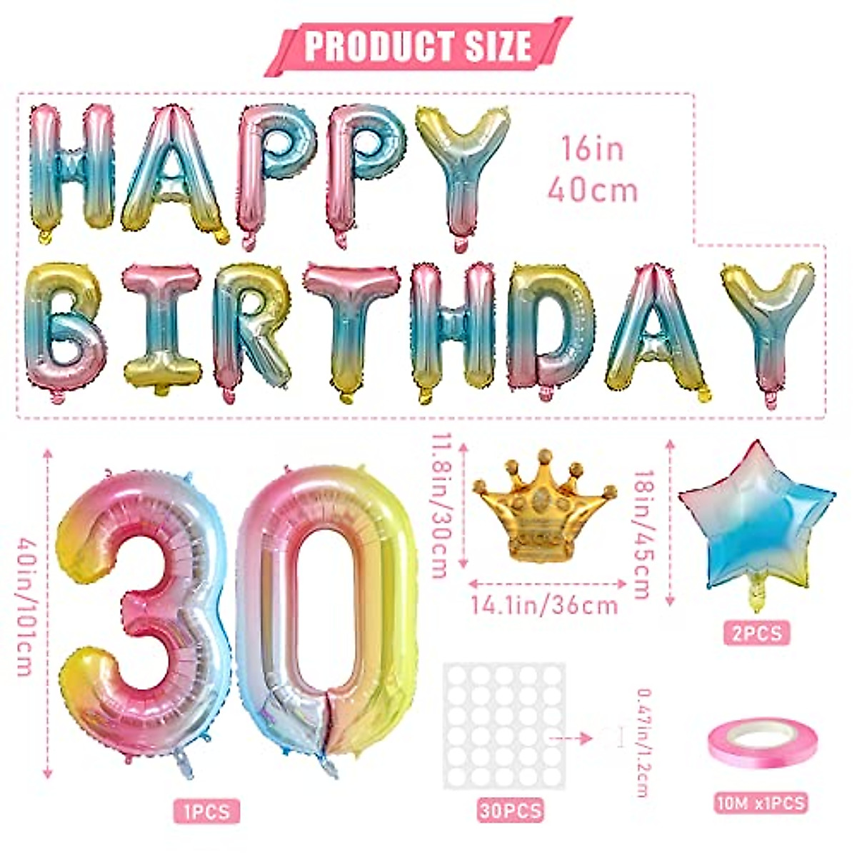 16Pcs Happy Birthday Balloons Banner, Gradient Happy Birthday Party Balloons 16 Inch Colorful Foil Letter Sign Balloons Banner Bunting for Girls Kids Baby Shower 30th Party Supplies