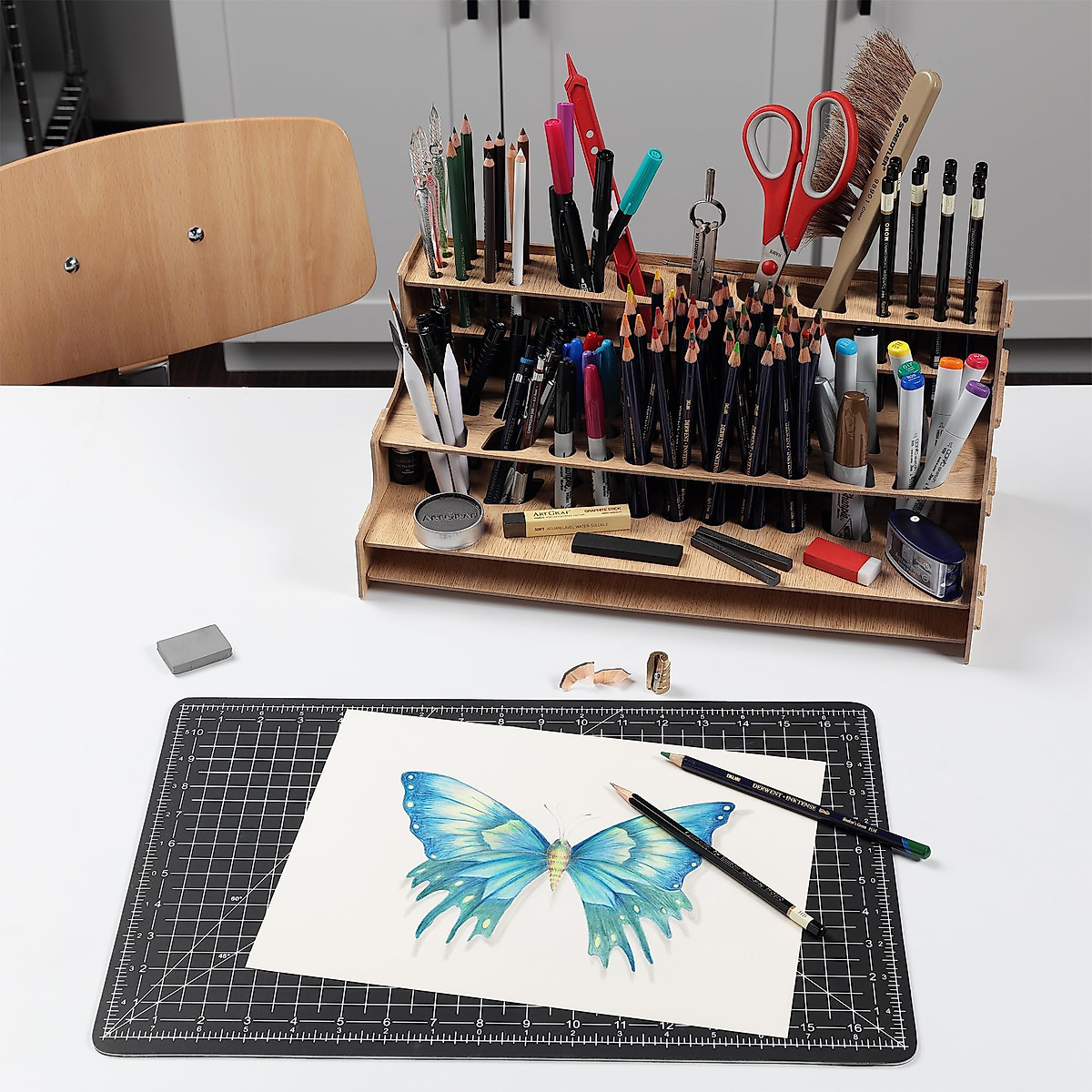 Mezzo Artist Drawing Rack - Wood Grain Laminate Multi Layer Desk Stand Professional Storage Display Organizer for Pens, Pencils, Drafting and All Other Drawing Tools