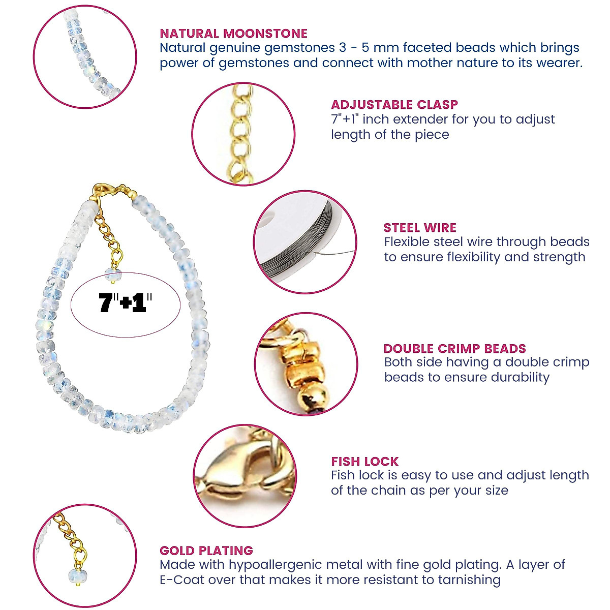 Gempires Rainbow Moonstone Beaded Bracelet, Faceted Beads 4-5 mm, Moonstone Crystal Bracelet for Women, June Birthstone, Gift for Her, 14k Gold Plated 8 inches Adjustable Chain