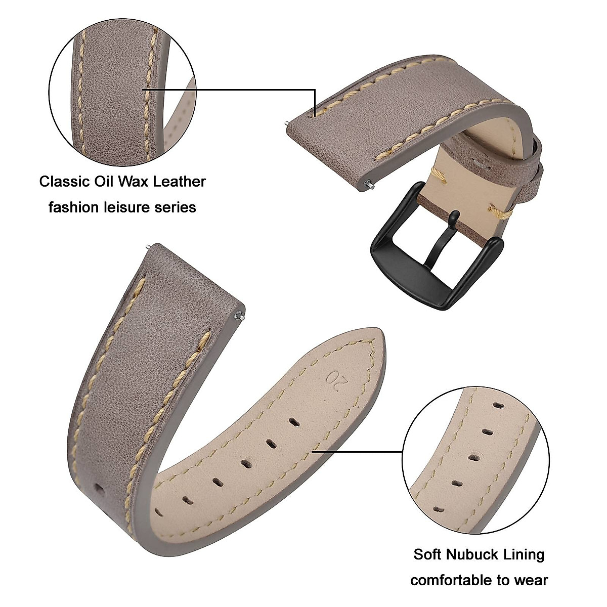 ANNEFIT Quick Release Watch Band 20mm with Black Buckle - Classic Oil Wax Leather Watch Strap (Grey)