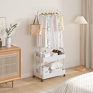 ACCSTORE Metal Clothing Racks, Freestanding Trolley Coat Rack With Wheels,Garment Rack For Storage，Clothes Rack,Heavy Duty Clothing Rack,Garment Racks With 2 Tier Plastics Storage Shelf,White