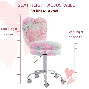 DAYALANE Fluffy Desk Chair with Wheels, Cute Kids Study Chair with Adjustable Height, Faux Fur Task Computer Chair Swivel Chair for Girls, Teen Rolling Chair for Bedroom, Vanity, Rainbow Pink