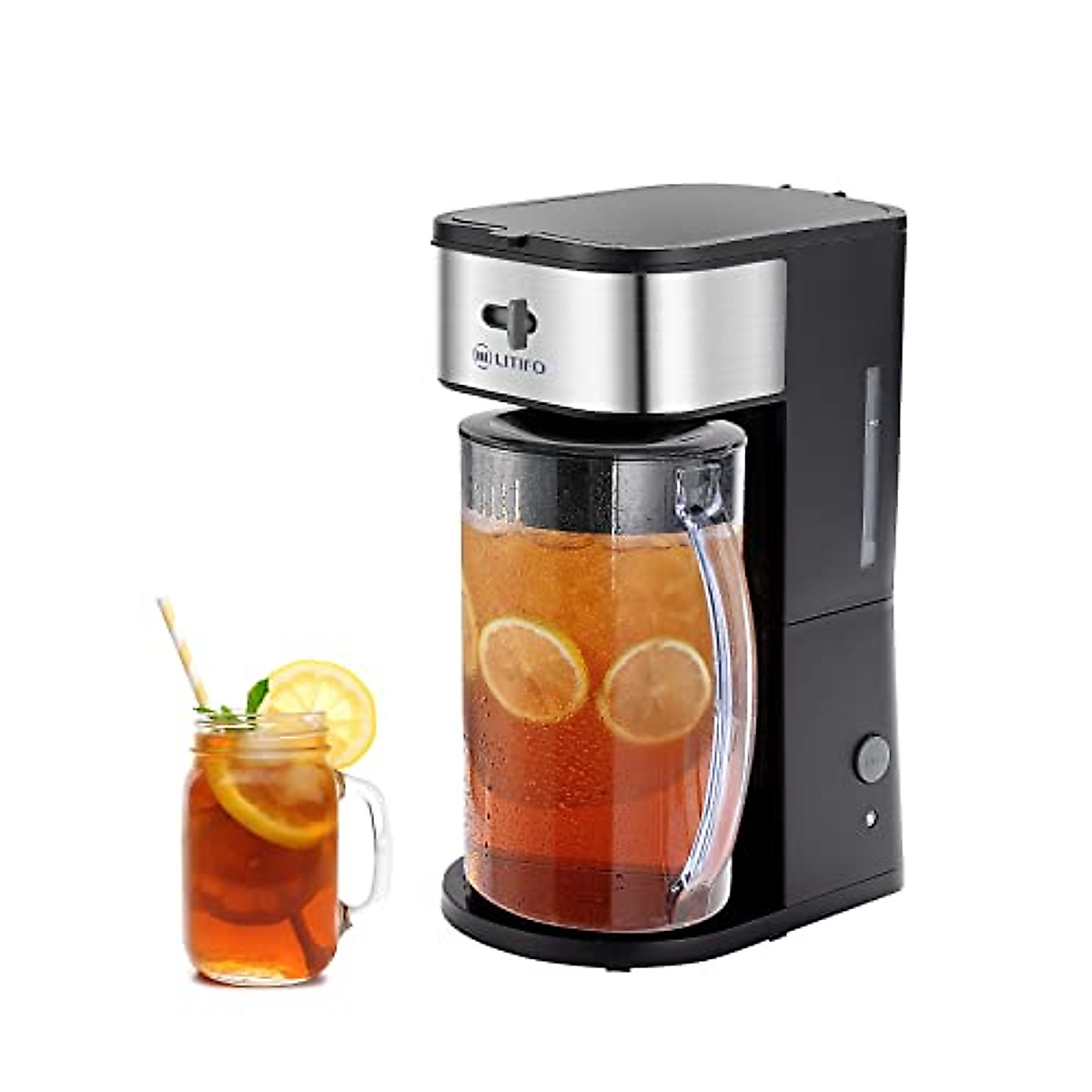LITIFO Iced Tea Maker and Iced Coffee Maker Brewing System with 2-quart Pitcher, sliding strength selector for Taste Customization, Stainless Steel Decoration (Black)
