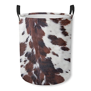 Storage Basket,Longhorn white cowhide with black and brown spots,Collapsible Large Laundry Hamper with Handles for Home Office 17.32"X13.58"