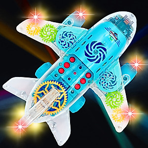 ArtCreativity Light-Up Transparent Airplane Toy for Toddlers 1-3, Fun Bump-and-Go Plane Toy for Kids 3-5, with Colorful Moving Gears, Music, and LED Effects - Perfect Airplane Gift for Boys and Girls