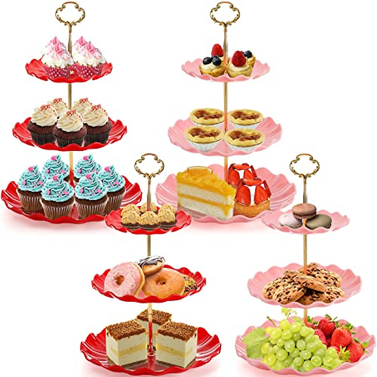 DEAYOU 4 Pack 3-Tier Cupcake Stand, Plastic Dessert Stand Display Tower, Tiered Cake Stands Serving Trays with Gold Rod, Pastry Rack Holder Platter for Buffet, Party, Wedding, Home Decor, Pink, Red