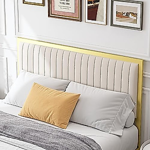 CIKUNASI Gold Queen Bed Frame, Upholstered Bed Frame with Velvet Headboard Footboard Heavy Duty Bed Frame with LED Lights/No Box Spring Needed/Easy Assembly
