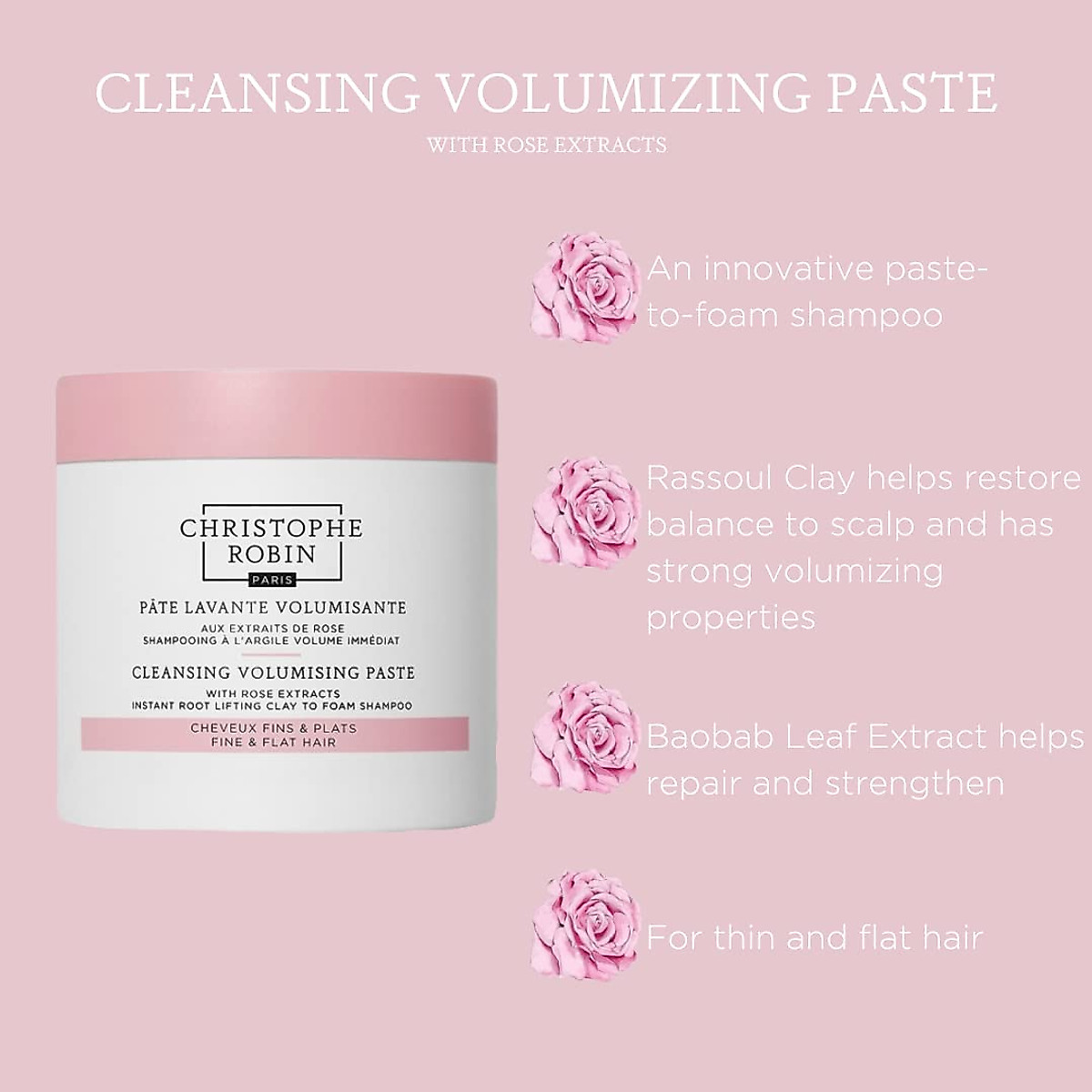 Christophe Robin Cleansing Volumizing Paste Shampoo with Rassoul Clay Rose Extracts Unisex Paste for Fine, Thin, and Flat Hair Color Safe 8.4 fl. oz