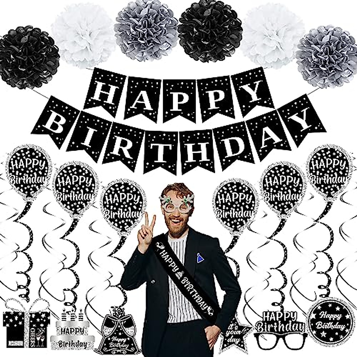 Birthday Decorations Black Silver White, Happy Birthday Party Decorations for Women Girls Men Boys, Happy Birthday Banner, Double-Sided Bday Pattern Card, Birthday Sash, 9 Pompoms, 6 Hanging Swirl Set