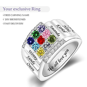 YOOURNEONS Personalized Sterling Silver Names Ring with 1-9 Simulated Birthstones for Women Free Engraving Family Rings for Mother Grandma Christmas Gifts for Her (9 stones)