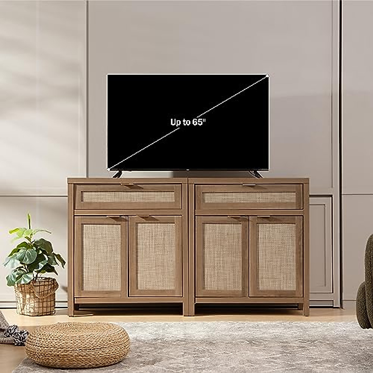 SICOTAS Sideboard Buffet Cabinet Set of 2, Rattan Credenza Storage Cabinet, Boho Buffet Table Console with Drawer, Farmhouse Coffee Bar Cabinet for Entryway Living Dining Room, Natural Oak