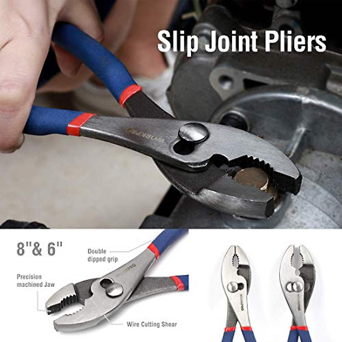 WORKPRO 7-piece Pliers Set (8-inch Groove Joint Pliers, 6-inch Long Nose, 6-inch Slip Joint, 4-1/2 Inch Long Nose, 6-inch Diagonal, 7-inch Linesman, 8-inch Slip Joint) for DIY & Home Use