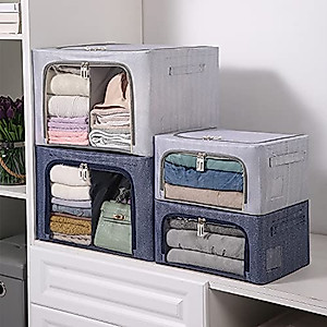 Foldable Clothes Storage Bins 2 Pack, Stackable Metal Frame Clothing Storage Box, Oxford Fabric Organizer Set with Clear Windows&Sturdy Carry Handles(22L,Light Grey)