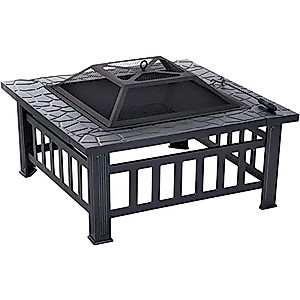 LEAYAN Garden Fire Pit Grill Bowl Grill Barbecue Rack Outdoor Fire Pit Square Bonfire Winter Wood Burning Stove Bowl Steel Grill Household Heating Charcoal Brazier Grill, Meat Rack with Spark Screen