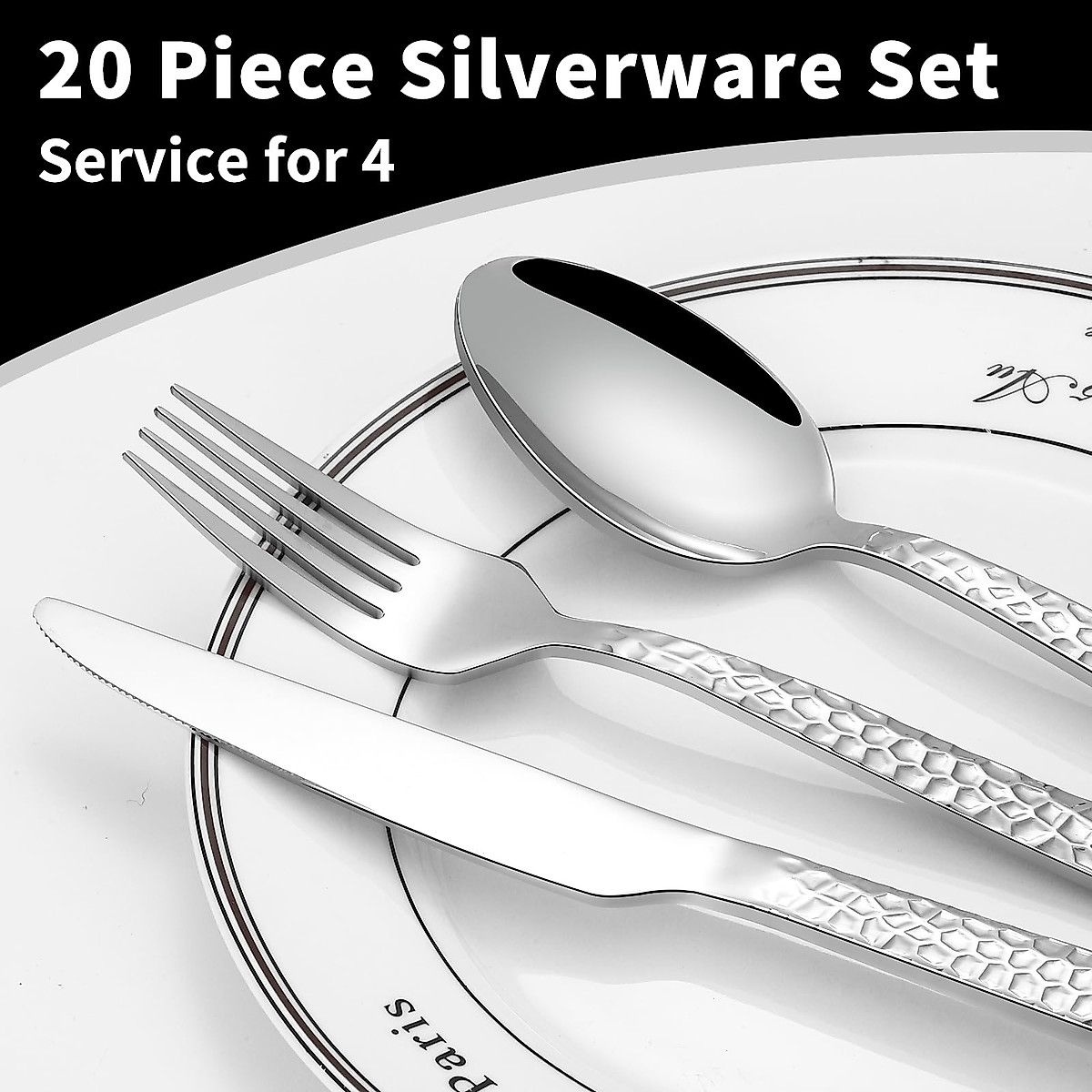 20-Piece Hammered Silverware Set, Food-Grade Stainless Steel Flatware Set for 4, Cutlery Set, Home Kitchen Utensil Set, Include Knifes Forks and Spoons Silverware Set, Mirror Finish, Dishwasher Safe