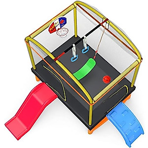 LANGXUN 6.5Ft 7-in-1 Rectangle Trampoline for Kids, with Climb, Slide, Swing, Basketball Hoop, Multi-Functional Indoor Outdoor Baby Toddler Mini Trampoline for Girls and Boys Birthday Gift, Age 1-10