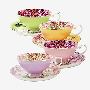 PULCHRITUDIE Fine Bone China Teacup and Saucer Set, English Teasets, Floral Design with Golden Rim, 8oz Cup, Set of Four