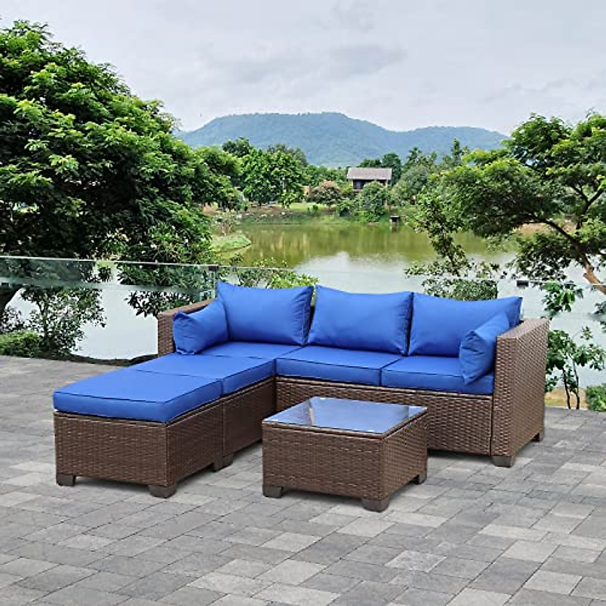 Outdoor Patio Brown Rattan Furniture Set 4 Piece PE Wicker Sectional Sofa Garden Couch with Royal Blue Cushion