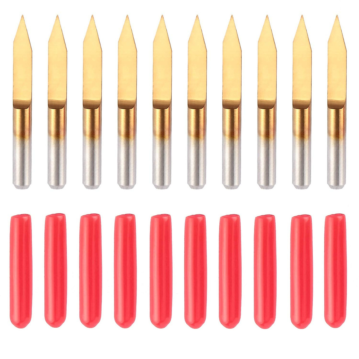 HQMaster CNC Engraving Bits, V Bit Cutter 10 Pack 0.1mm Tip Tungsten Steel Titanium Coated Flat Bottom Sharp Cutting Router Rotary Tool Set for PCB PVC Wood Acrylic Metal Aluminum