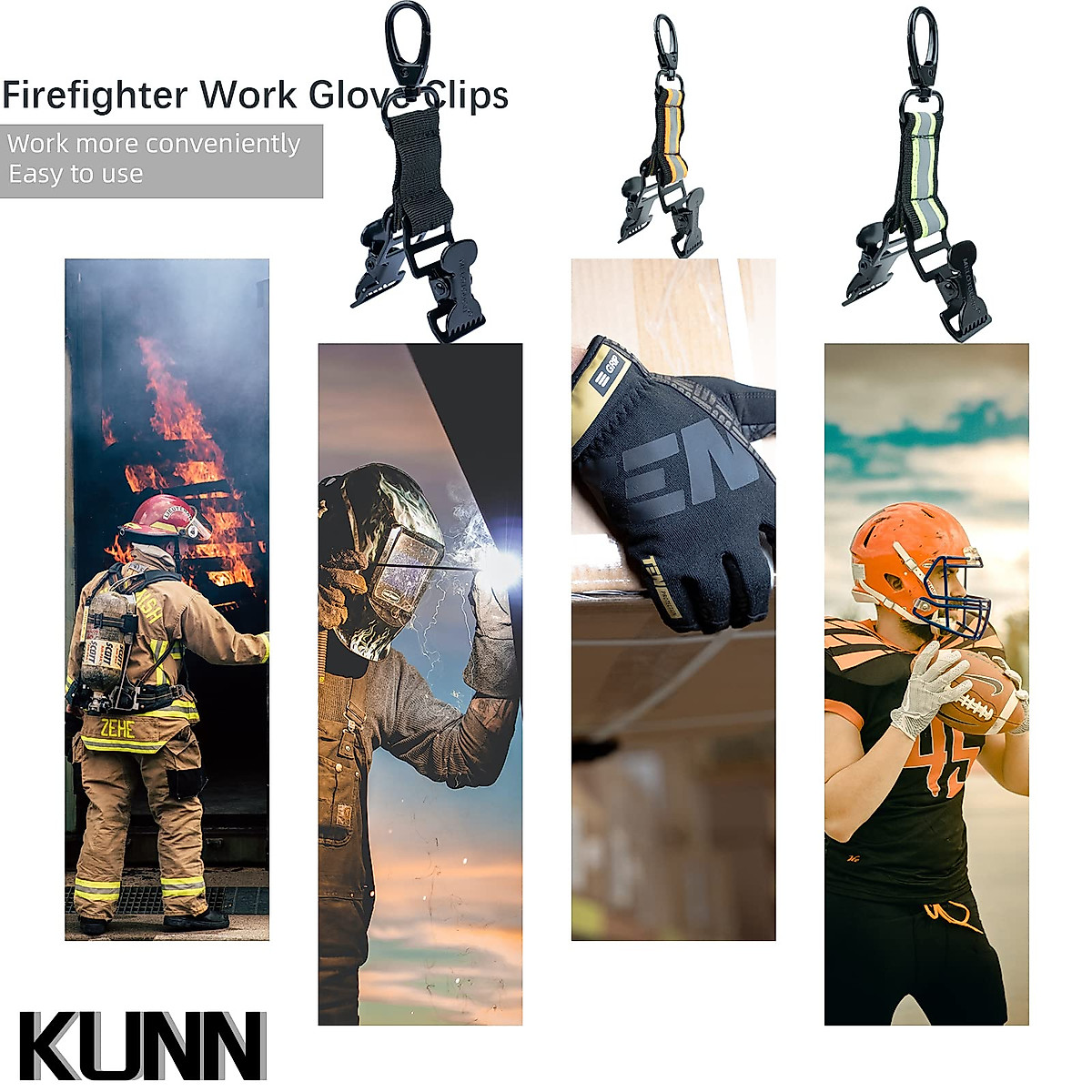 KUNN Work Glove Clips, Firefighter Glove Strap with 2 Heavy Duty Alligator Clips,Reflective Glove Holder for Construction,Fire,Rescue and More(Fluorescent Green)